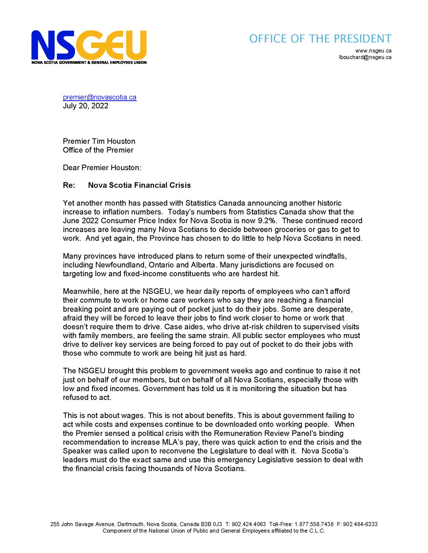 Letter to Premier re: Financial Crisis – NSGEU